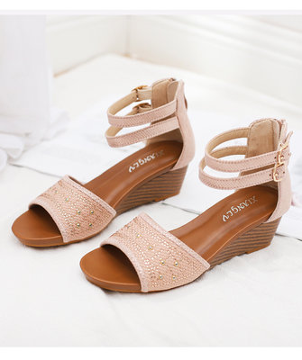 BS053 Amazon Rhinestone Bohemian Summer New Rear Zipper Open Toe Roman Shoes