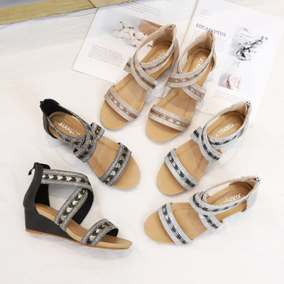 BS054 Wedge Heel Sandals Women Summer Non-Slip Word With Open Toe Roman Shoes Rear Zipper 39-42 Large Size Women'S Shoes