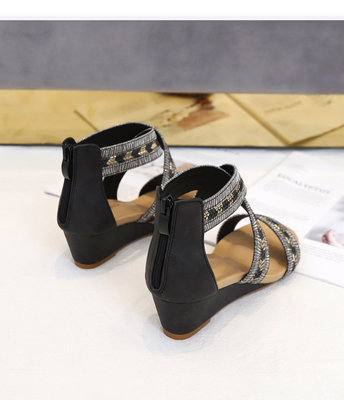 BS054 Wedge Heel Sandals Women Summer Non-Slip Word With Open Toe Roman Shoes Rear Zipper 39-42 Large Size Women'S Shoes