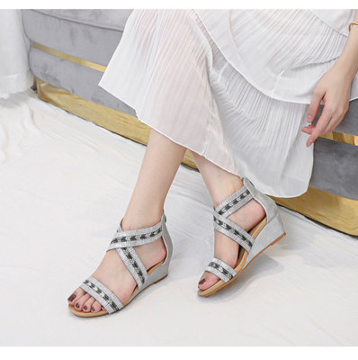 BS054 Wedge Heel Sandals Women Summer Non-Slip Word With Open Toe Roman Shoes Rear Zipper 39-42 Large Size Women'S Shoes