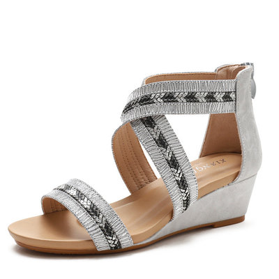 BS054 Wedge Heel Sandals Women Summer Non-Slip Word With Open Toe Roman Shoes Rear Zipper 39-42 Large Size Women'S Shoes