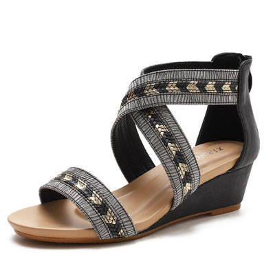 BS054 Wedge Heel Sandals Women Summer Non-Slip Word With Open Toe Roman Shoes Rear Zipper 39-42 Large Size Women'S Shoes