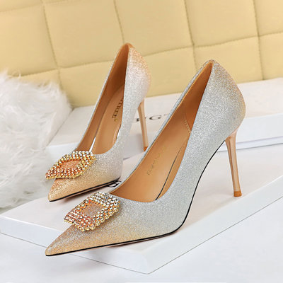 96161-8 Korean Sexy Party High-Heeled Shoes Stiletto High-Heeled Shallow Pointy Color Gradient Rhinestone Buckle Single