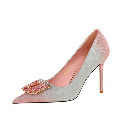 96161-8 Korean Sexy Party High-Heeled Shoes Stiletto High-Heeled Shallow Pointy Color Gradient Rhinestone Buckle Single