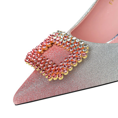 96161-8 Korean Sexy Party High-Heeled Shoes Stiletto High-Heeled Shallow Pointy Color Gradient Rhinestone Buckle Single