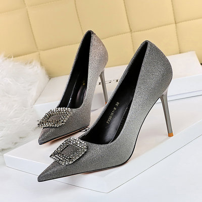 96161-8 Korean Sexy Party High-Heeled Shoes Stiletto High-Heeled Shallow Pointy Color Gradient Rhinestone Buckle Single