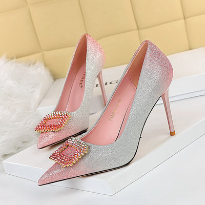 96161-8 Korean Sexy Party High-Heeled Shoes Stiletto High-Heeled Shallow Pointy Color Gradient Rhinestone Buckle Single