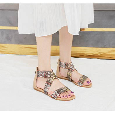 BS059 Amazon Sandals Female Summer New Fashion Fairy Style Seaside Bohemian Ethnic Style Beach Flat Shoes