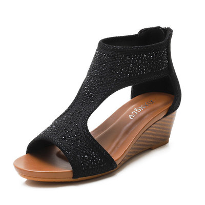 BS064 Back Zipper Wedge Sandals Female New Summer European And American Thick-Soled Ins Tide Bohemian Beach Shoes