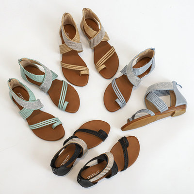 BS065 Roman Sandals Summer New Style Casual Shoes Fashion Word With Rhinestone Mid-Slope Heel Sandals Female Mother Shoe