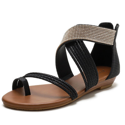 BS065 Roman Sandals Summer New Style Casual Shoes Fashion Word With Rhinestone Mid-Slope Heel Sandals Female Mother Shoe