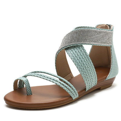 BS065 Roman Sandals Summer New Style Casual Shoes Fashion Word With Rhinestone Mid-Slope Heel Sandals Female Mother Shoe