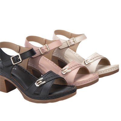 BS066 2021 New Metal Buckle Car Line High Heel Buckle Thick Heel Comfortable Large Size Female Sandals Sandals