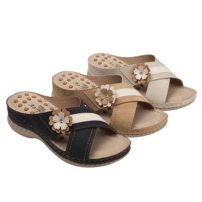 BS071 Amazon New Style European And American Slippers Women Casual Slope Heel Massage Flower Sandals Beach Vacation Wome