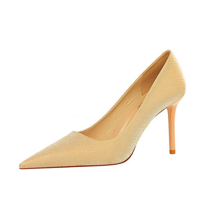 869-1 Korean Style Fashion And Elegant Slim Stiletto High Heels Shallow Mouth Pointy Embossed Satin Sexy Nightclub Women