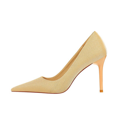 869-1 Korean Style Fashion And Elegant Slim Stiletto High Heels Shallow Mouth Pointy Embossed Satin Sexy Nightclub Women