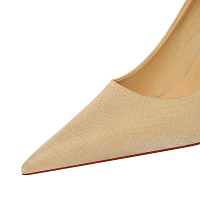 869-1 Korean Style Fashion And Elegant Slim Stiletto High Heels Shallow Mouth Pointy Embossed Satin Sexy Nightclub Women