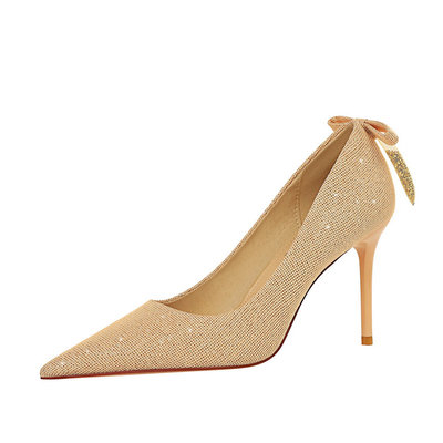 869-3 Korean Fashion Sexy Thin Stiletto High-Heeled Shallow Mouth Pointed Toe And Bow Single Shoes Female Wedding Shoes