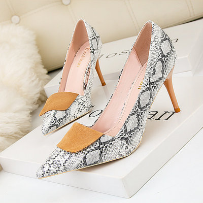 899-9 European And American Style Pointed Stiletto High-Heeled Women'S Single Shoes Stitching Snake Print Women'S Shoes