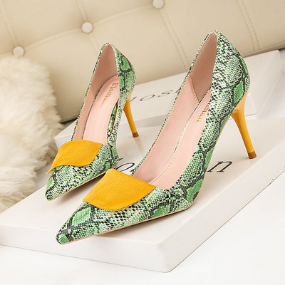 899-9 European And American Style Pointed Stiletto High-Heeled Women'S Single Shoes Stitching Snake Print Women'S Shoes
