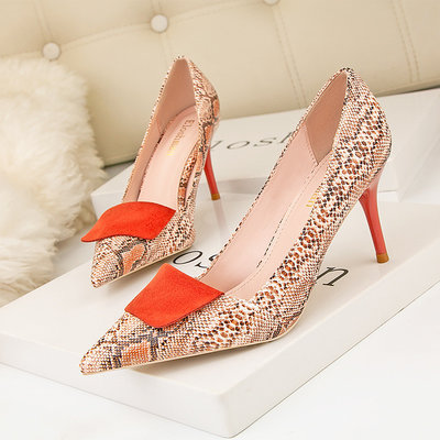 899-9 European And American Style Pointed Stiletto High-Heeled Women'S Single Shoes Stitching Snake Print Women'S Shoes