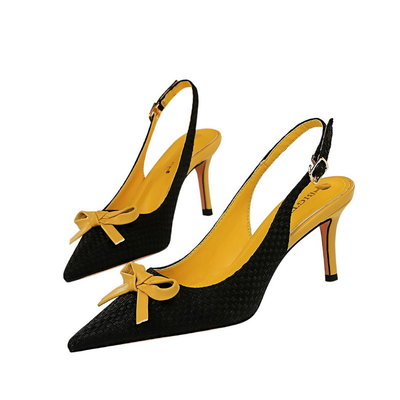 8999-7 Korean Fashion Woven Shallow Mouth Pointed Toe Color Matching Small Bow Hollowed Back Strap Single Shoes Female H