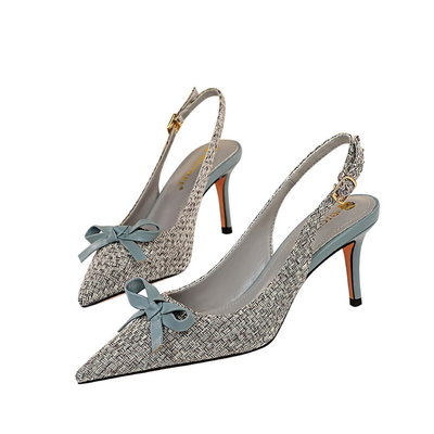 8999-7 Korean Fashion Woven Shallow Mouth Pointed Toe Color Matching Small Bow Hollowed Back Strap Single Shoes Female H