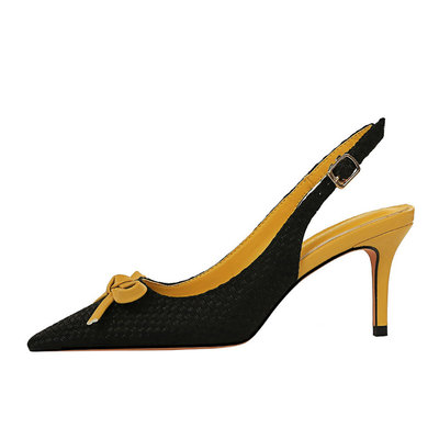 8999-7 Korean Fashion Woven Shallow Mouth Pointed Toe Color Matching Small Bow Hollowed Back Strap Single Shoes Female H