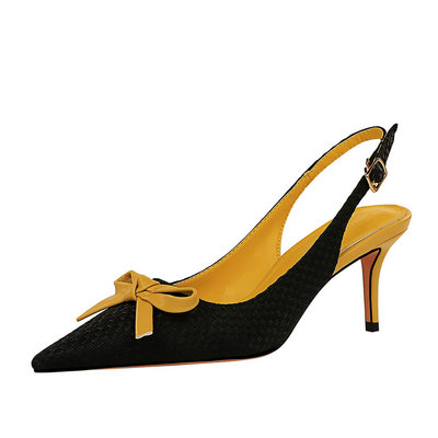 8999-7 Korean Fashion Woven Shallow Mouth Pointed Toe Color Matching Small Bow Hollowed Back Strap Single Shoes Female H