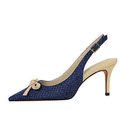 8999-7 Korean Fashion Woven Shallow Mouth Pointed Toe Color Matching Small Bow Hollowed Back Strap Single Shoes Female H