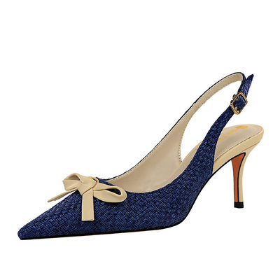 8999-7 Korean Fashion Woven Shallow Mouth Pointed Toe Color Matching Small Bow Hollowed Back Strap Single Shoes Female H