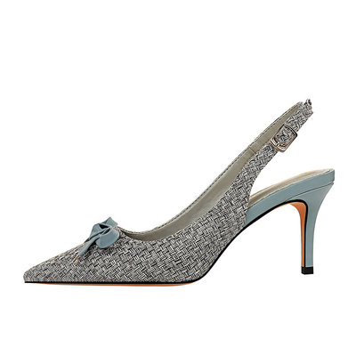 8999-7 Korean Fashion Woven Shallow Mouth Pointed Toe Color Matching Small Bow Hollowed Back Strap Single Shoes Female H