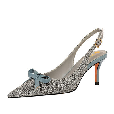 8999-7 Korean Fashion Woven Shallow Mouth Pointed Toe Color Matching Small Bow Hollowed Back Strap Single Shoes Female H