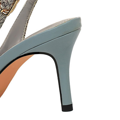 8999-7 Korean Fashion Woven Shallow Mouth Pointed Toe Color Matching Small Bow Hollowed Back Strap Single Shoes Female H
