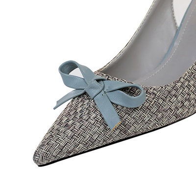 8999-7 Korean Fashion Woven Shallow Mouth Pointed Toe Color Matching Small Bow Hollowed Back Strap Single Shoes Female H