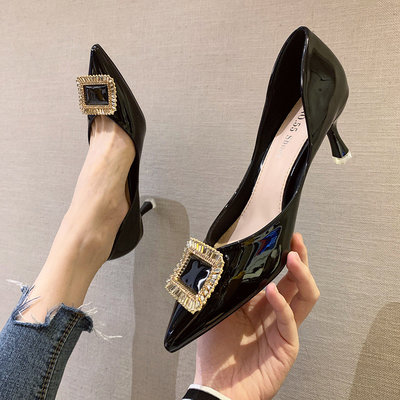 9797-9 Korean Fashion Pointed Shallow Mouth High Heels Hollow Sexy Rhinestone Women'S Single Shoes Net Red Square Buckle