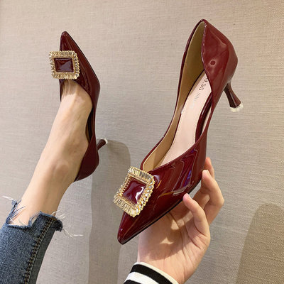 9797-9 Korean Fashion Pointed Shallow Mouth High Heels Hollow Sexy Rhinestone Women'S Single Shoes Net Red Square Buckle