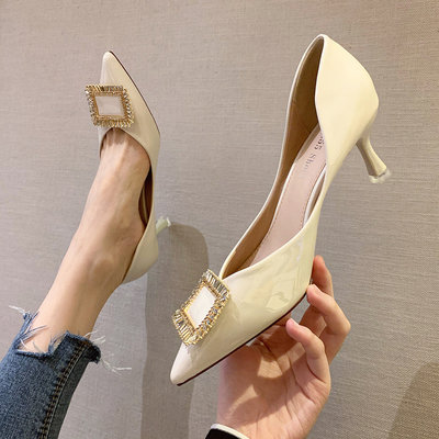 9797-9 Korean Fashion Pointed Shallow Mouth High Heels Hollow Sexy Rhinestone Women'S Single Shoes Net Red Square Buckle