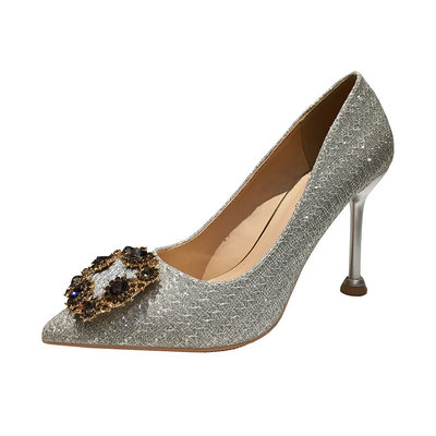 9888-21 Europe And The United States Sexy Pointed Shallow Mouth High Heels Rhinestone Stiletto Thin Women'S Singles Net