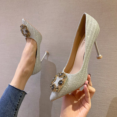 9888-21 Europe And The United States Sexy Pointed Shallow Mouth High Heels Rhinestone Stiletto Thin Women'S Singles Net