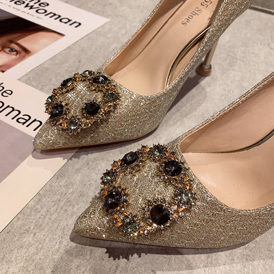 9888-21 Europe And The United States Sexy Pointed Shallow Mouth High Heels Rhinestone Stiletto Thin Women'S Singles Net