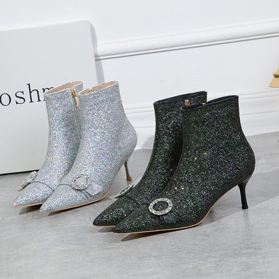 188-3 Korean Fashion Banquet Short Boots Are Thin Sexy Pointed Stiletto High Heel Suede Shiny Rhinestone Short Boots Wom