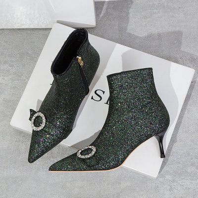 188-3 Korean Fashion Banquet Short Boots Are Thin Sexy Pointed Stiletto High Heel Suede Shiny Rhinestone Short Boots Wom