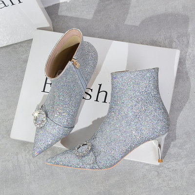 188-3 Korean Fashion Banquet Short Boots Are Thin Sexy Pointed Stiletto High Heel Suede Shiny Rhinestone Short Boots Wom