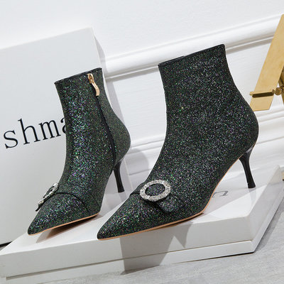 188-3 Korean Fashion Banquet Short Boots Are Thin Sexy Pointed Stiletto High Heel Suede Shiny Rhinestone Short Boots Wom