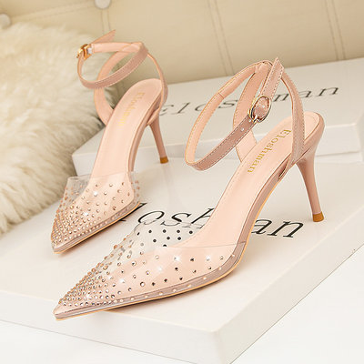 899-35 European And American Style Simple Pointed Shallow Mouth High Heels Transparent Rhinestone One Word Sandals Stile