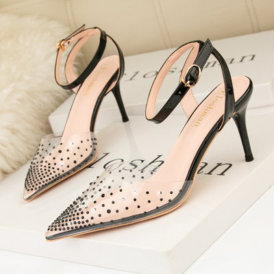 899-35 European And American Style Simple Pointed Shallow Mouth High Heels Transparent Rhinestone One Word Sandals Stile