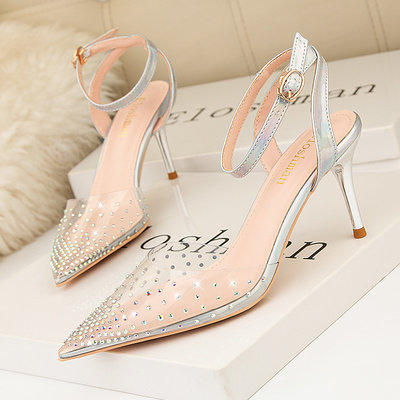 899-35 European And American Style Simple Pointed Shallow Mouth High Heels Transparent Rhinestone One Word Sandals Stile