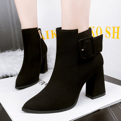 833-3 Korean Fashion Pointed Martin Boots Female Frosted Thick Heel Sexy Female Short Boots Belt Buckle High Heel Boots