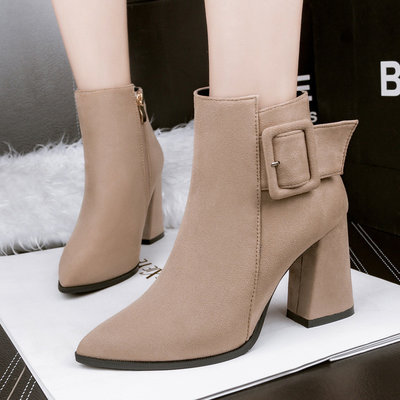 833-3 Korean Fashion Pointed Martin Boots Female Frosted Thick Heel Sexy Female Short Boots Belt Buckle High Heel Boots